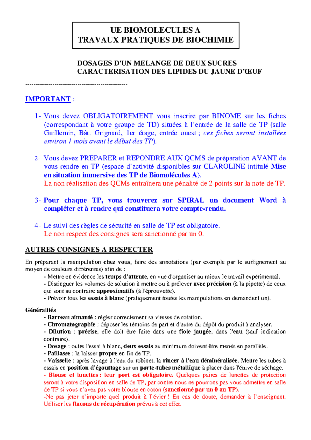Fasc TP Biom A - cm - UE BIOMOLECULES A TRAVAUX PRATIQUES DE BIOCHIMIE DOSAGES D'UN MELANGE DE ...
