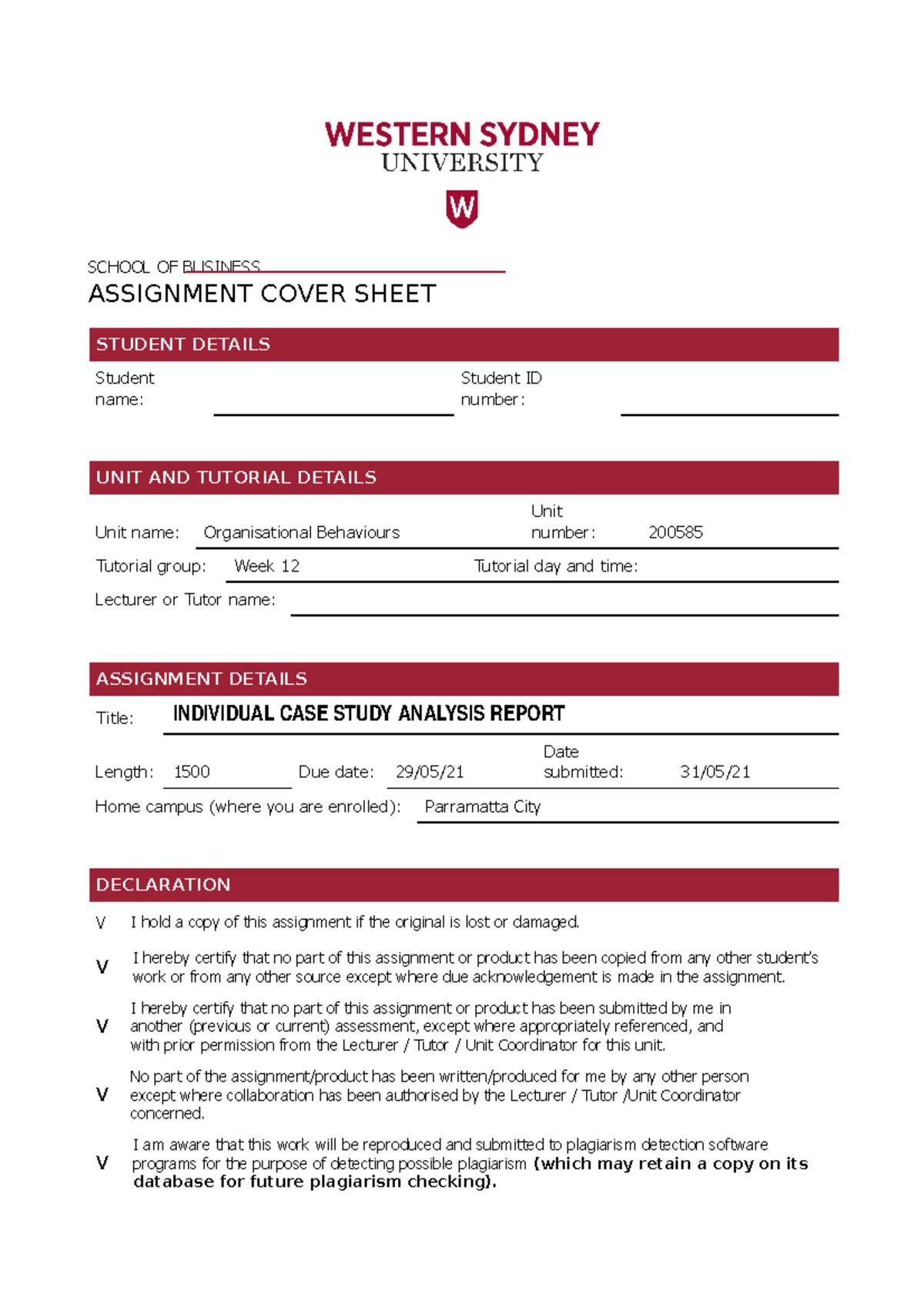 CSA Report FINAL EXAM - SCHOOL OF BUSINESS ASSIGNMENT COVER SHEET ...