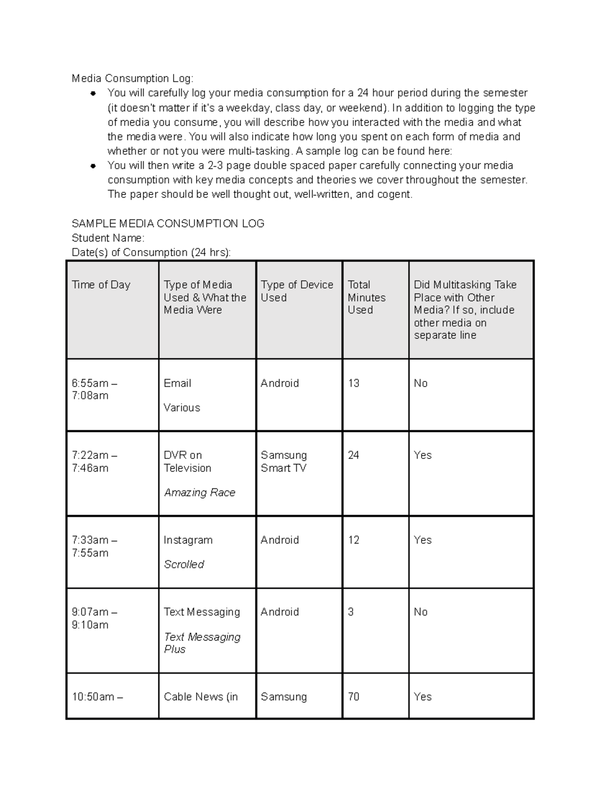 Media Consumption Log - christine - Media Consumption Log: You will ...