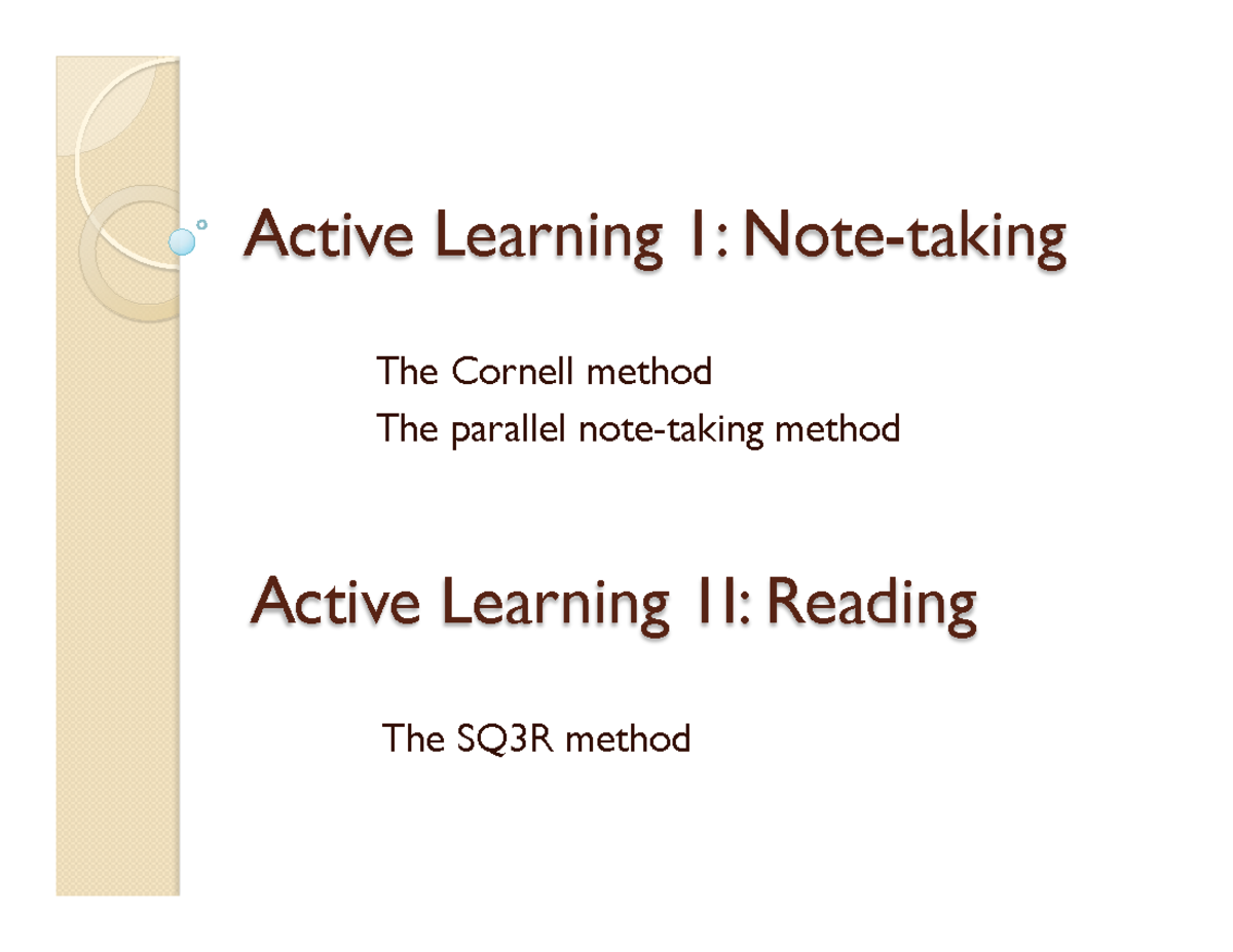 3 Active Learning-Note taking and Reading - Active Learning 1: The ...