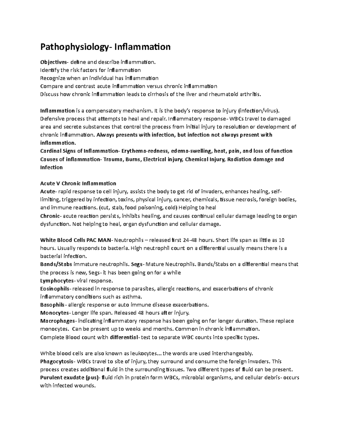 Inflammation Plusexamplars - Pathophysiology- Inflammation Objectives ...