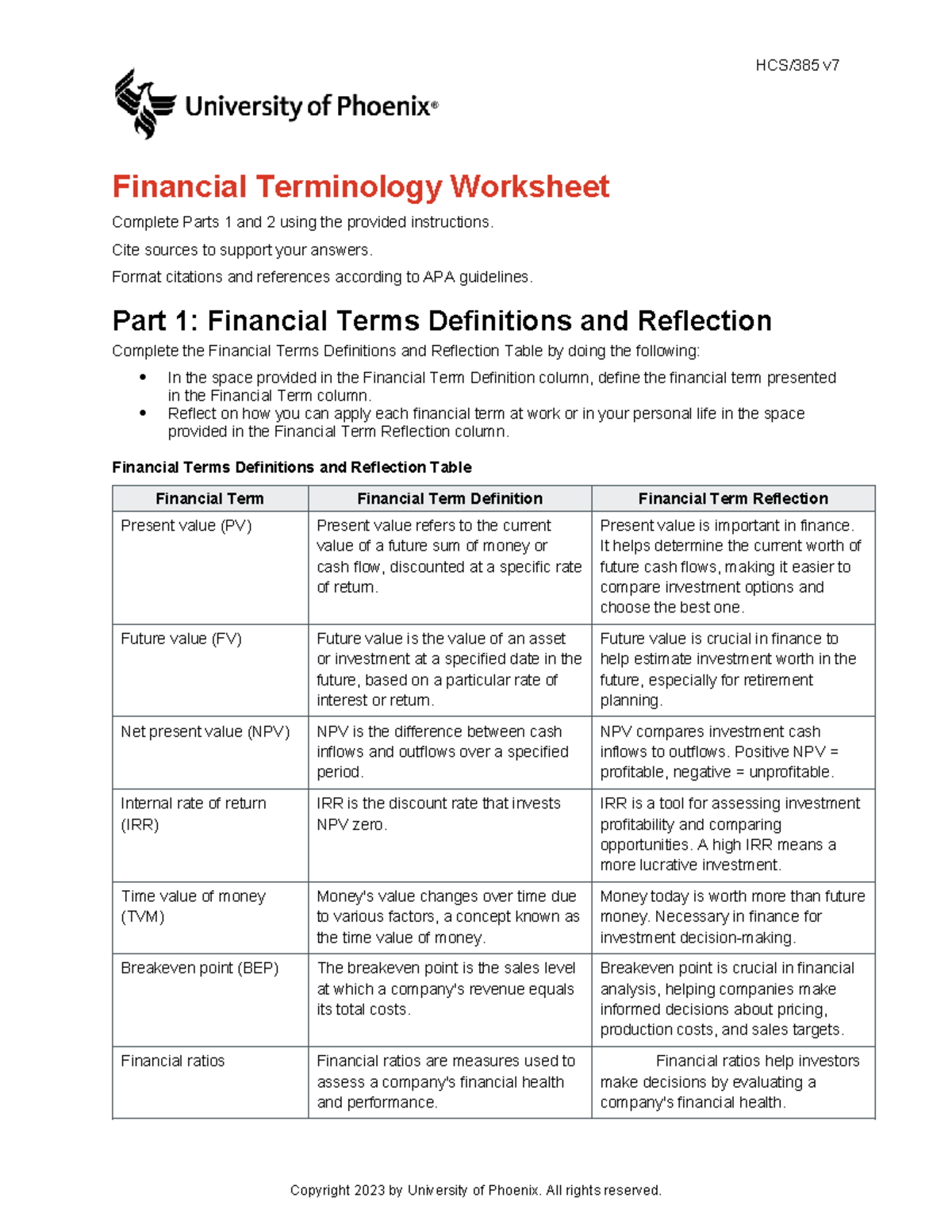 Hcs385 v7 wk1 financial terminology worksheet - HCS/385 v Financial ...