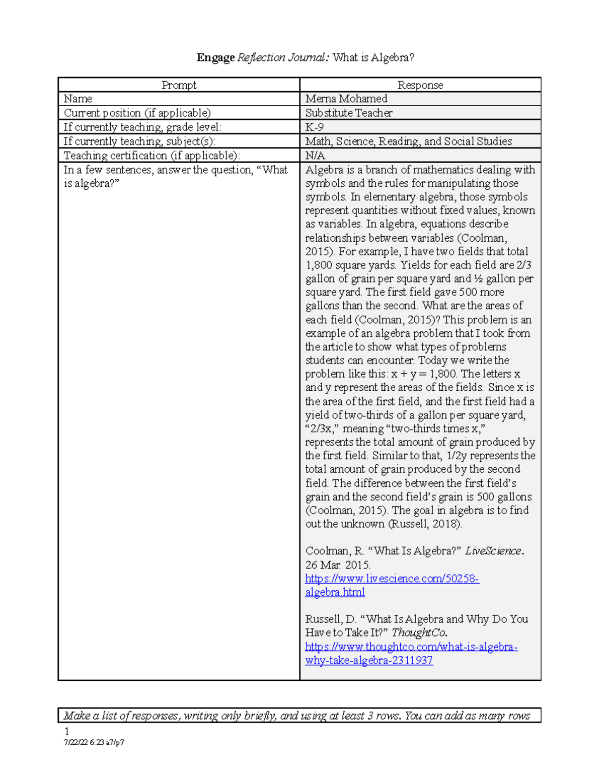 Engage Reflection Journal What is Algebra - Mohamed - Engage Reflection ...