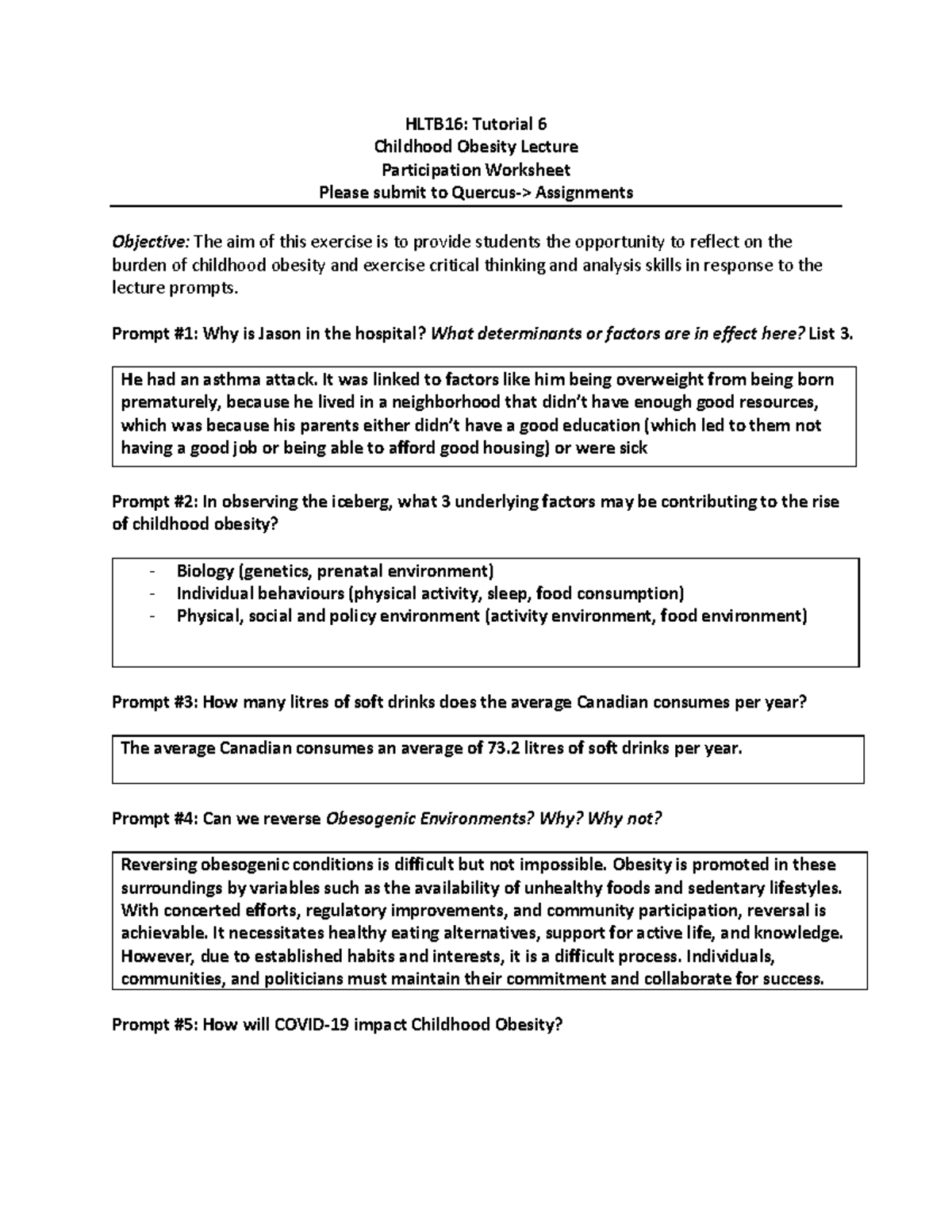 Childhood Obesity Tutorial Worksheet-1 - HLTB16: Tutorial 6 Childhood ...