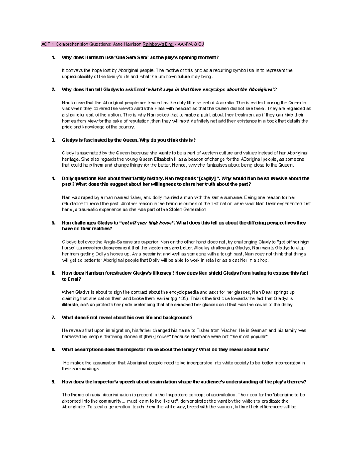 Rainbows end prompting q and a - ACT 1 Comprehension Questions: Jane ...