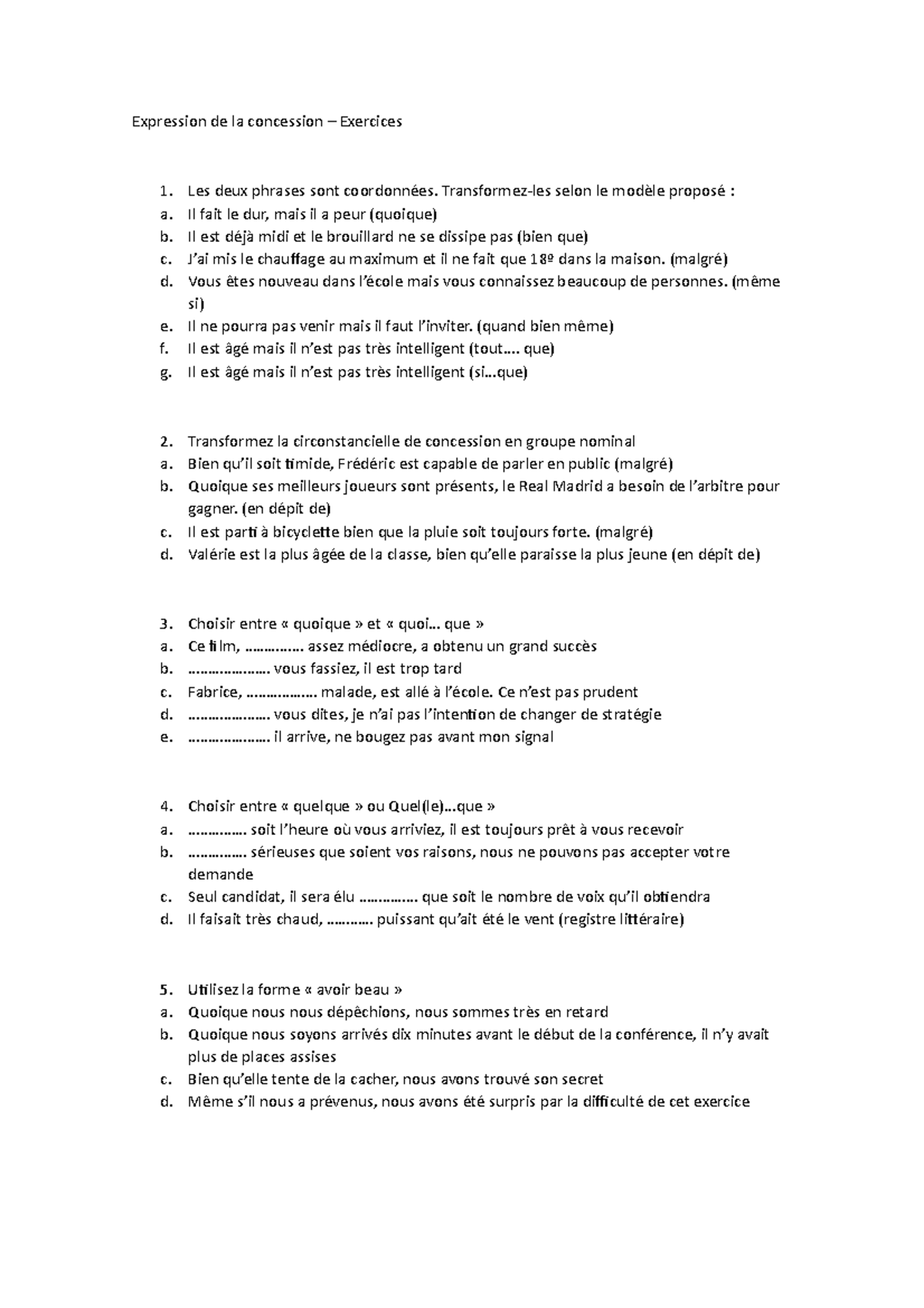 Exercices concession dia - Expression de la concession – Exercices Les ...