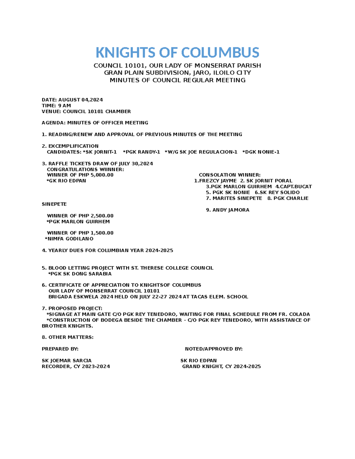 Knights OF Columbus - none - KNIGHTS OF COLUMBUS COUNCIL 10101, OUR ...