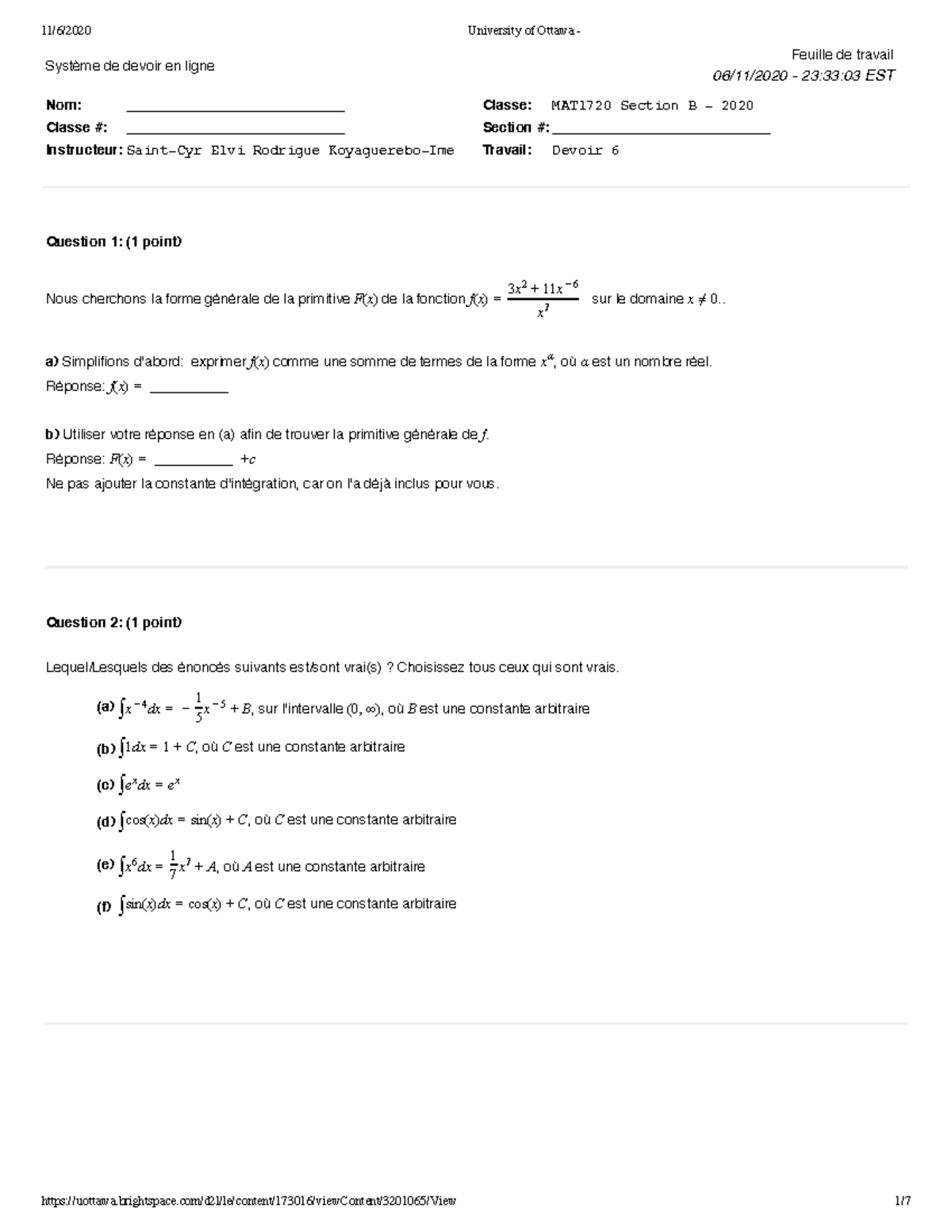 Devoir 6 - MAT1720[B] Calcul diff. et intégral i 20209 - Système de devoir en ligne 06/11/2020 ...