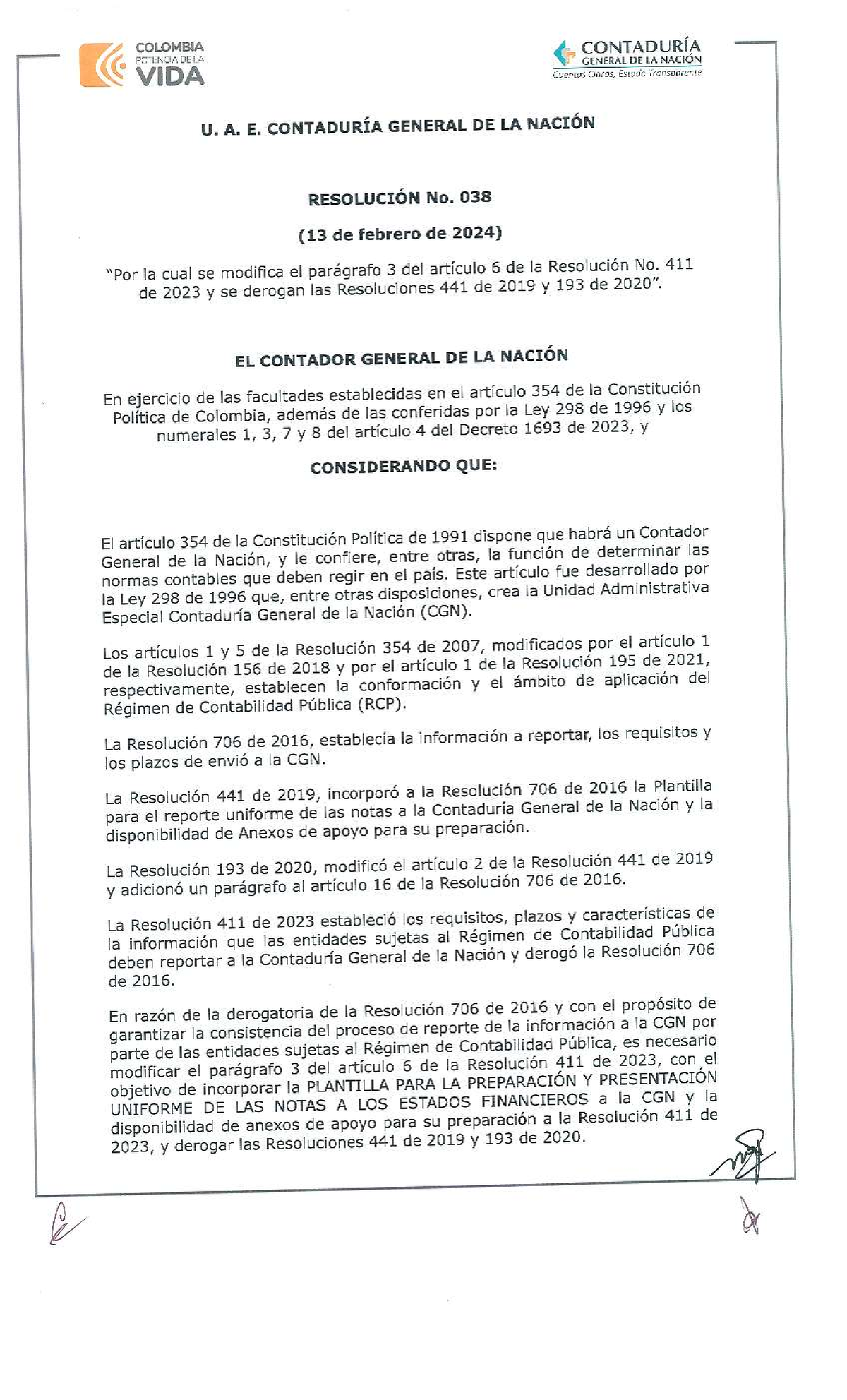 Resolución No. 038 DE 2024 - CQIDMBA VIDA CONTADURIA GENERALDt LA ...