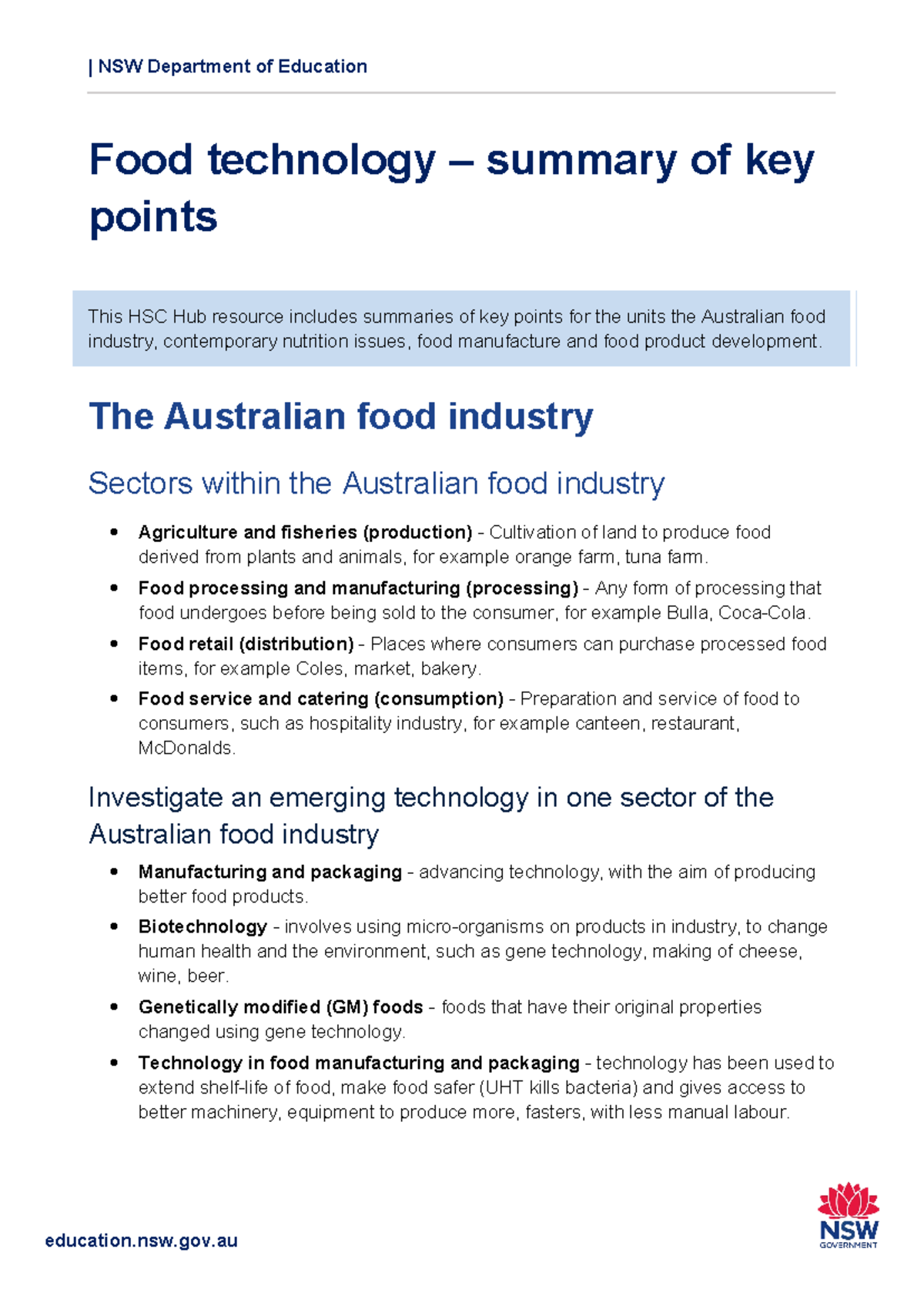 Nesa ft summary - | NSW Department of Education Food technology ...
