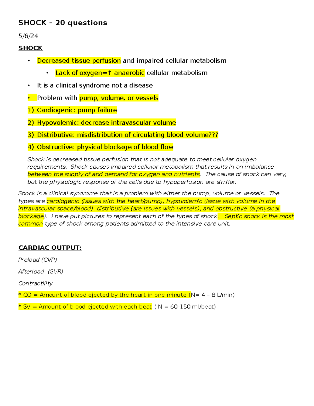 Shock Complex - SHOCK – 20 questions 5/6/ SHOCK Decreased tissue ...