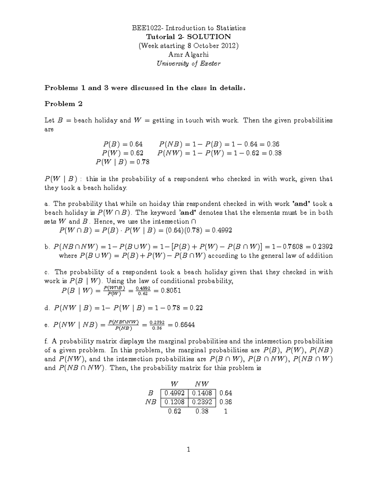 BEE1022 2012-2013 Tutorial Work 2 - Solutions - BEE1022- Introduction ...