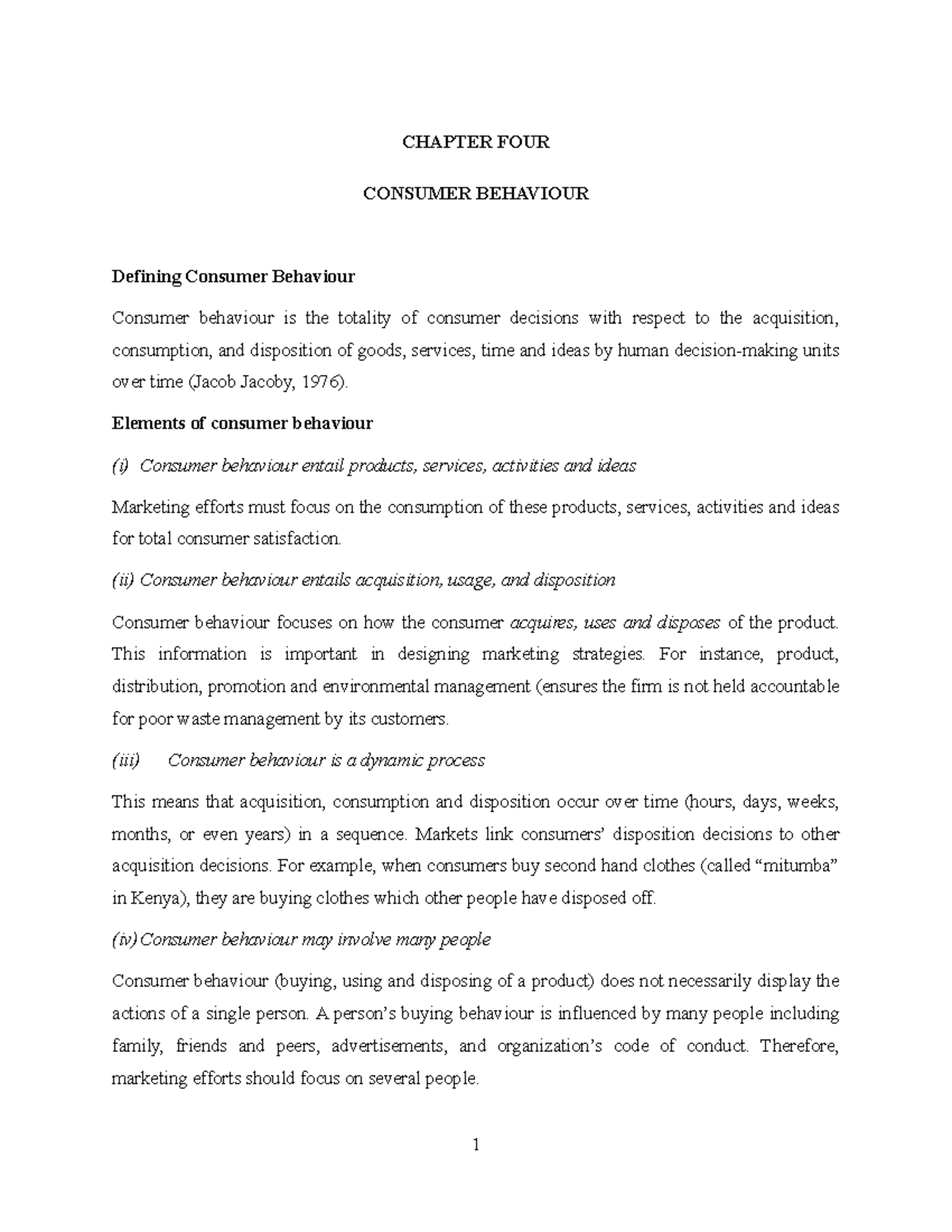 Topic 4- Consumer Behaviour - CHAPTER FOUR CONSUMER BEHAVIOUR Defining ...