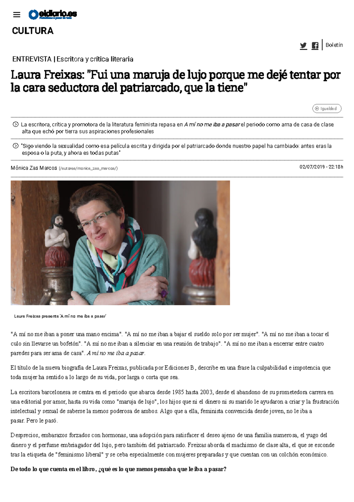 Entrevista Freitas - 1441414 - ENTREVISTA | Escritora y crítica literaria Laura Freixas: "Fui ...