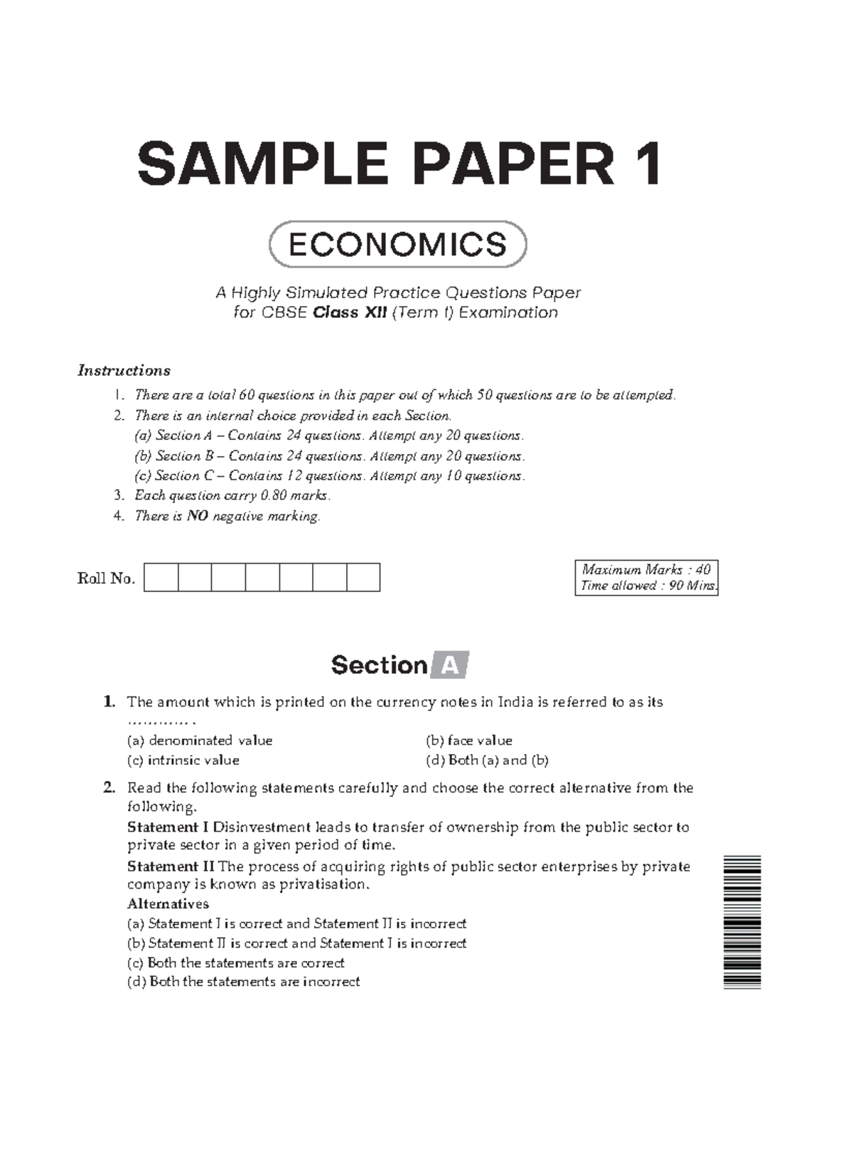 Pracice paper-1 (ECONOMICS CLASS 12TH) - 1. The amount which is printed ...