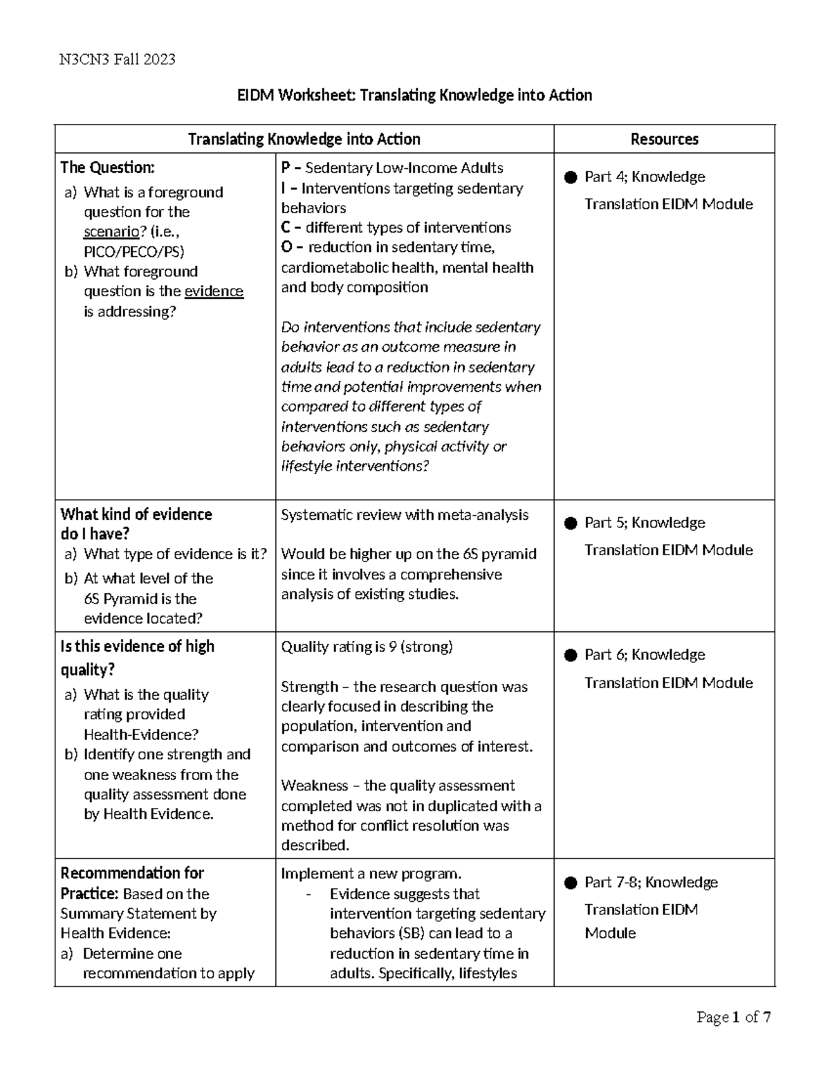 EIDM Worksheet - log in work sheet - EIDM Worksheet: Translating Knowledge into Action ...
