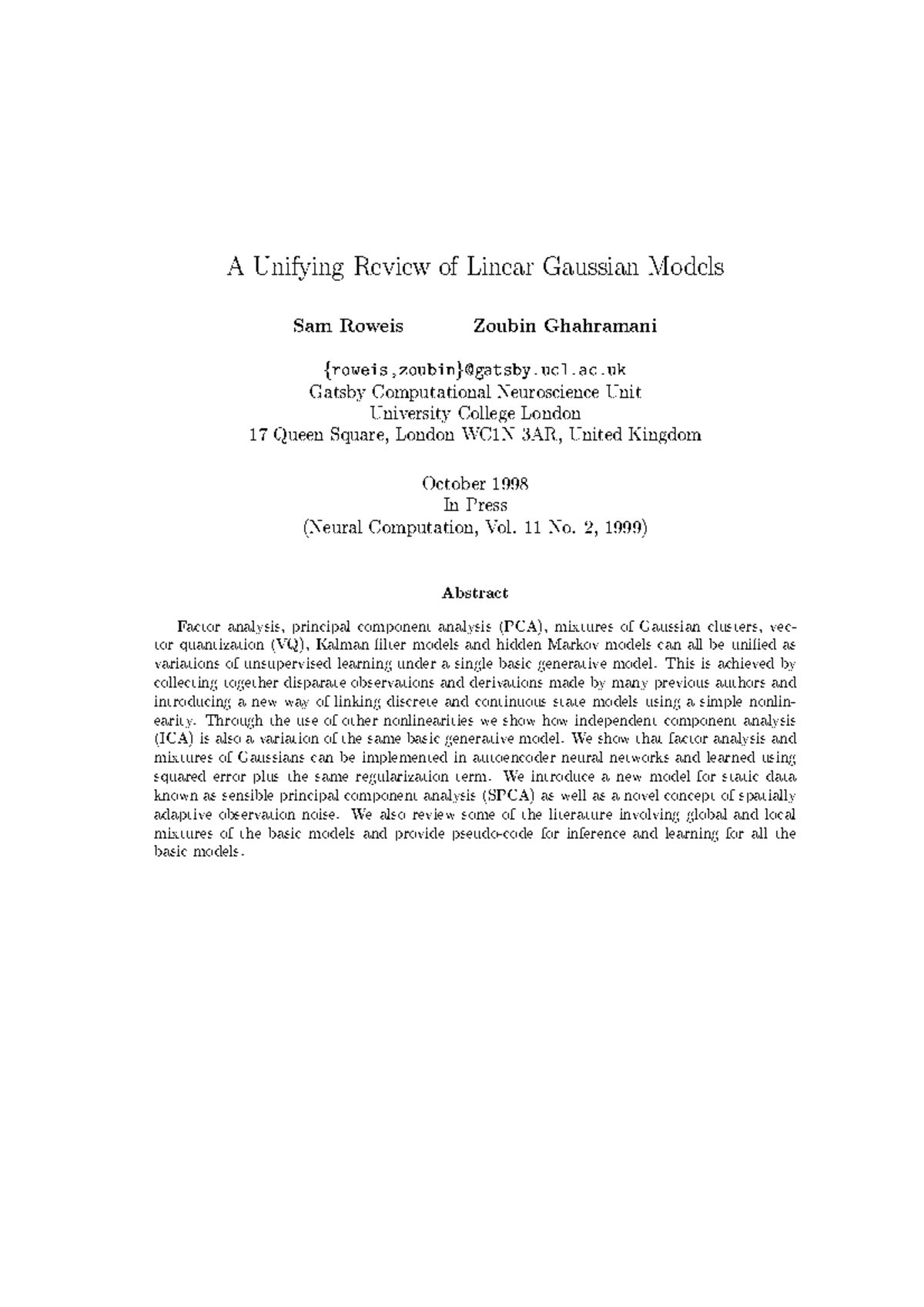 Summary - A unifying of linear gaussian models - ☎ ☎☛ ☞ ☎ - Studocu