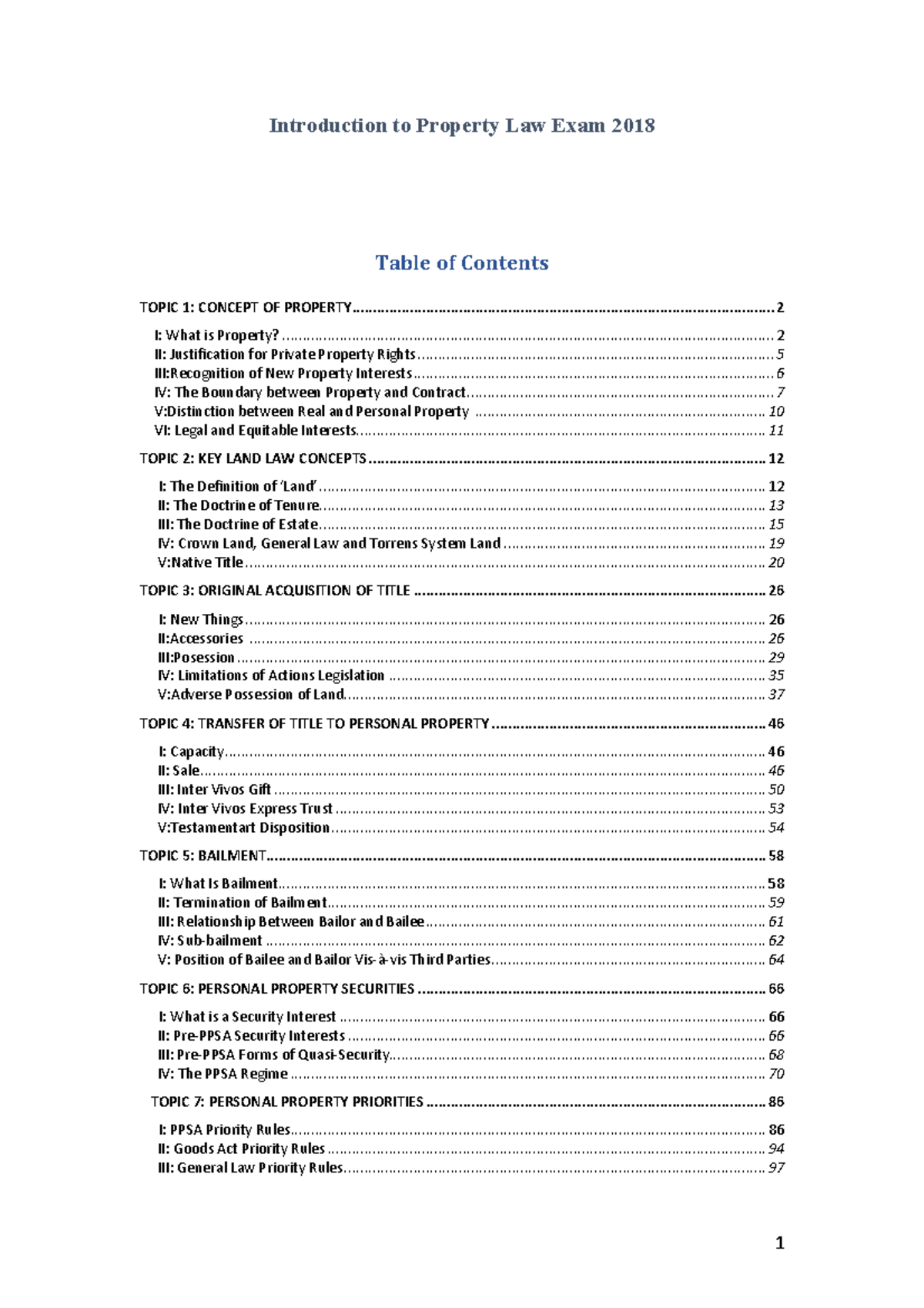 Property notes - Introduction to Property Law Exam 2018 Table of ...