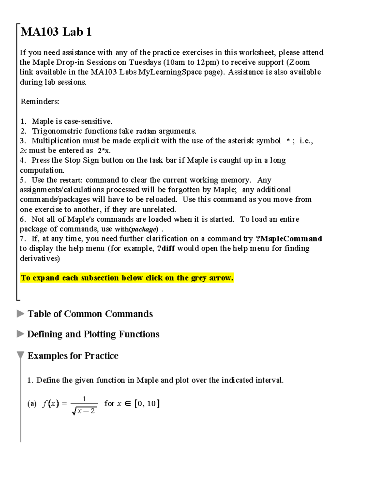 Lab 1 Maple Solutions - MA103 Lab 1 If you need assistance with any of ...