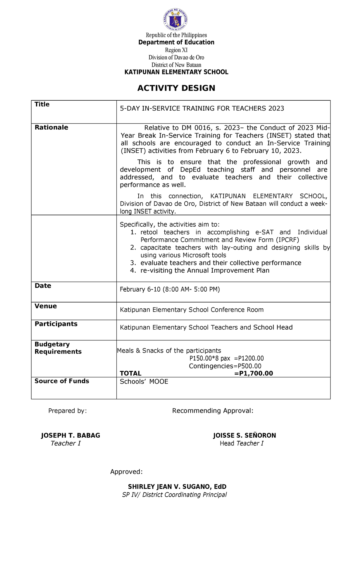 Activity design inset - Please study well - Republic of the Philippines ...