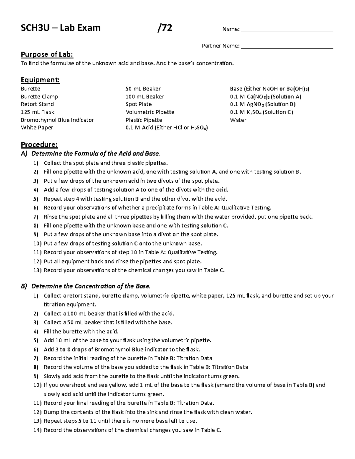 SCH3U - Culminating - Lab Exam - SCH3U – Lab Exam /72 Name