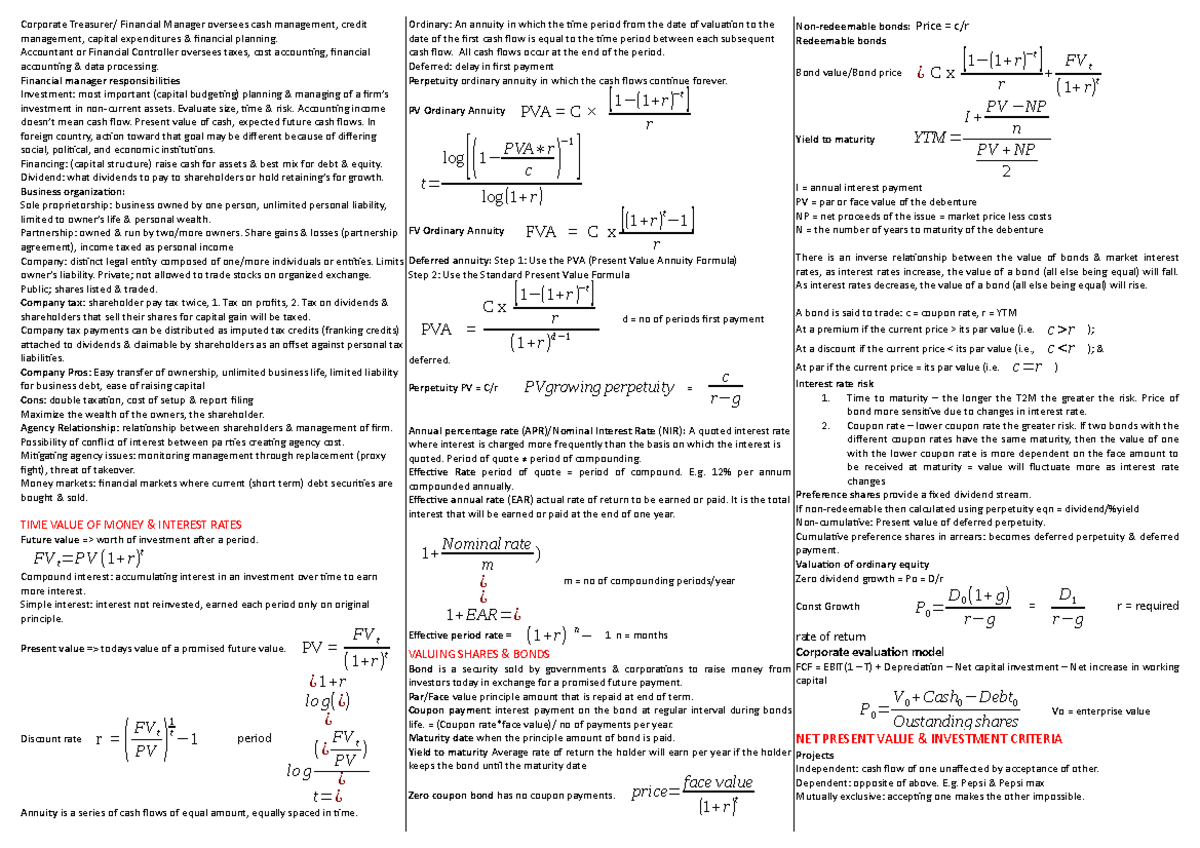 Exam Cheat Sheet Corporate Treasurer Financial Manager Oversees Cash
