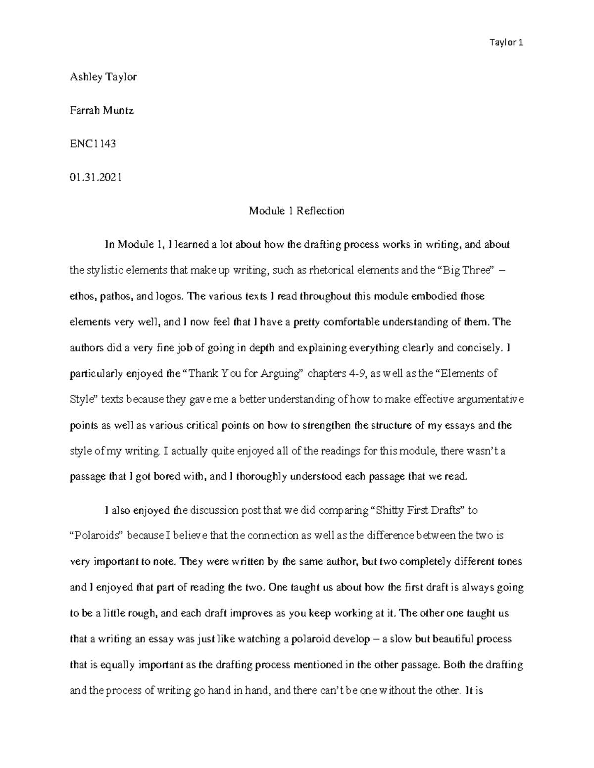 ENC1143 Module 1 Reflection - Taylor 1 Ashley Taylor Farrah Muntz ENC ...