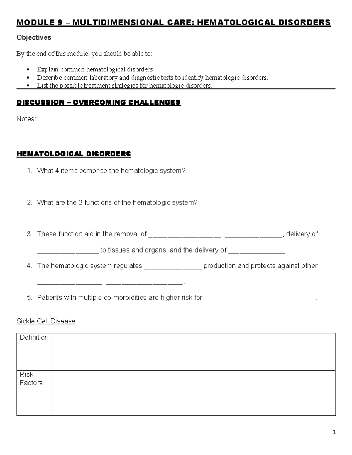 Mdc III (NUR2759) - MODULE 9 – MULTIDIMENSIONAL CARE: HEMATOLOGICAL ...
