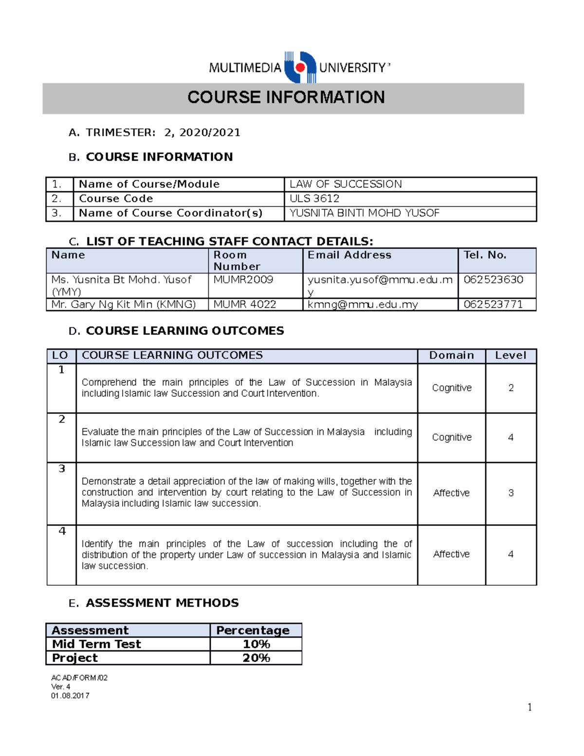 3- Course Information - t4ewygerye4 - A: 2, 2020/ B INFORMATION Name of ...