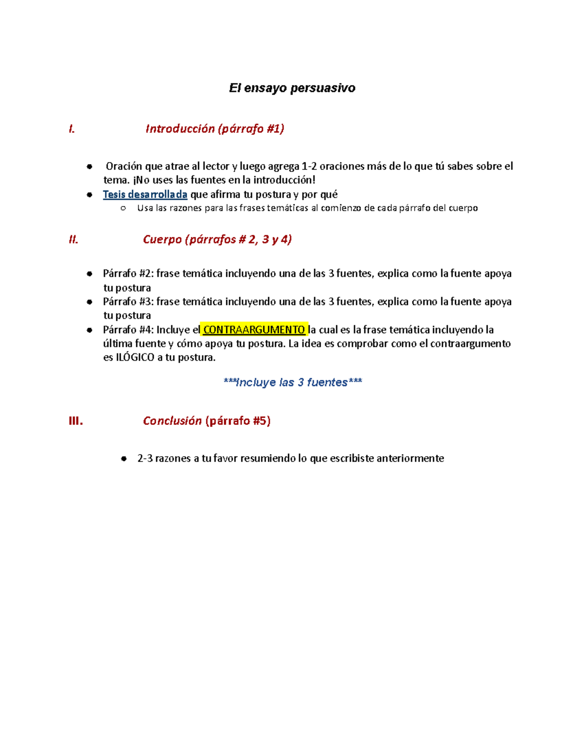 Bosquejo simple del ensayo - El ensayo persuasivo I. Introducción ...