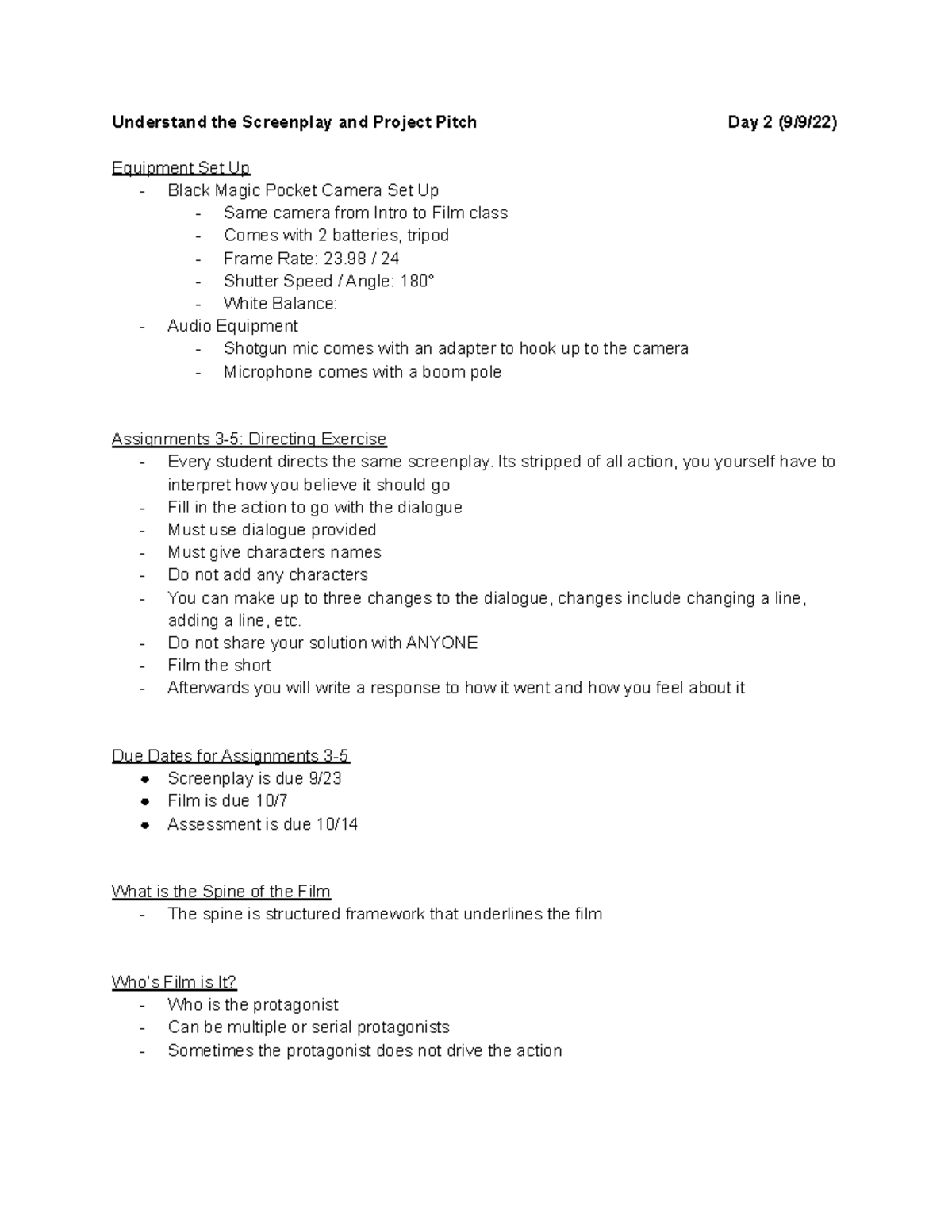 Directing Class 2 Notes - Understand the Screenplay and Project Pitch ...