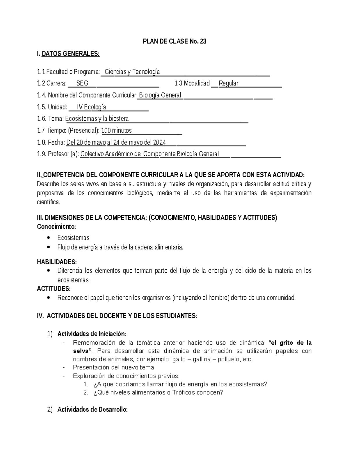 Plan de clase 23 - PROCARIOTAS - PLAN DE CLASE No. 23 I. DATOS ...