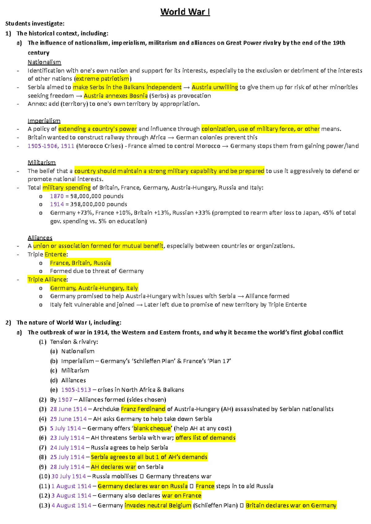 Modern History World War I Notes - World War I Students investigate ...
