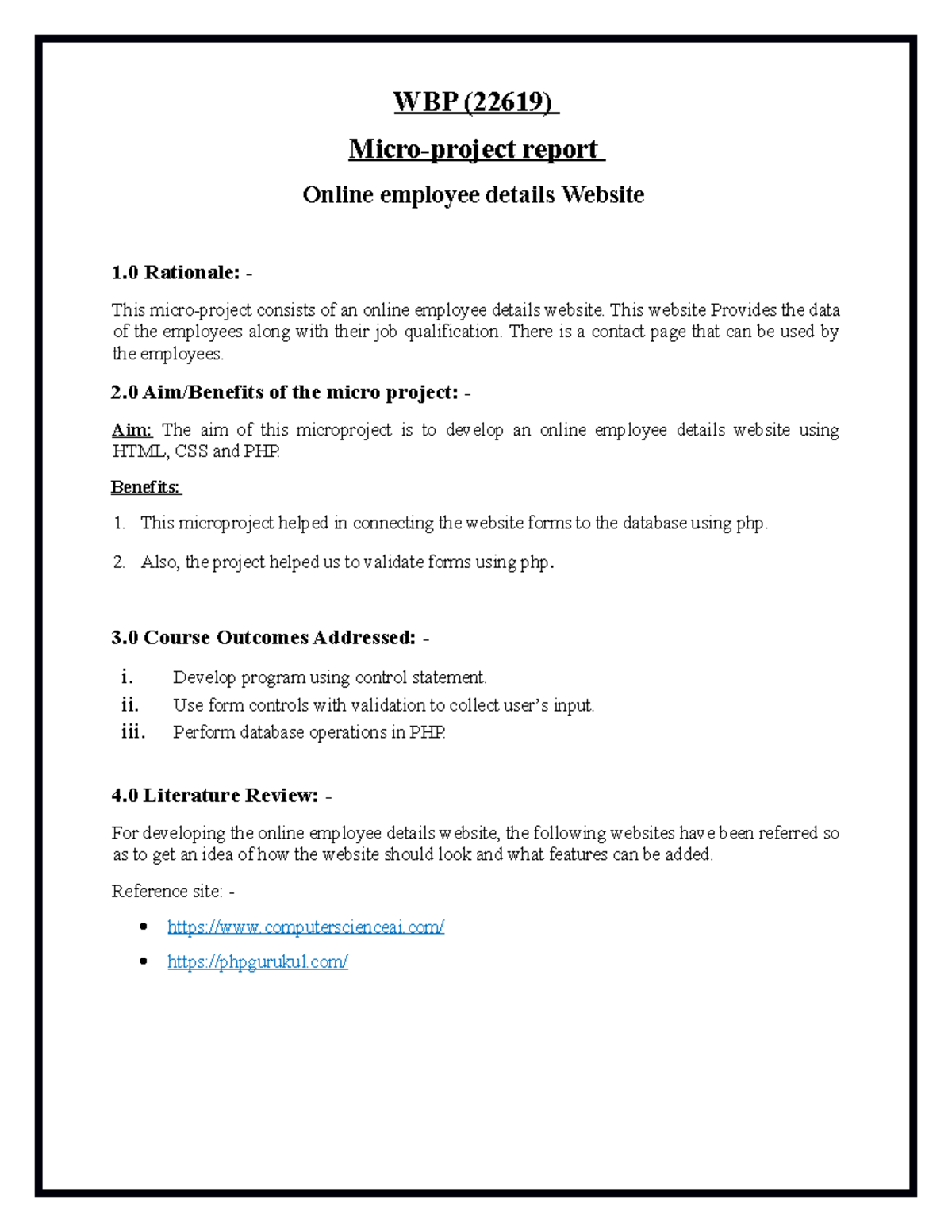 Wbp Report 32 Wbp 22619 Micro Project Report Online Employee Details Website 1 Rationale 