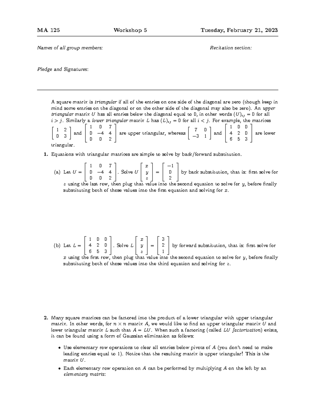 MA125 Workshop 5 - MA 125 Workshop 5 Tuesday, February 21, 2023 Names ...