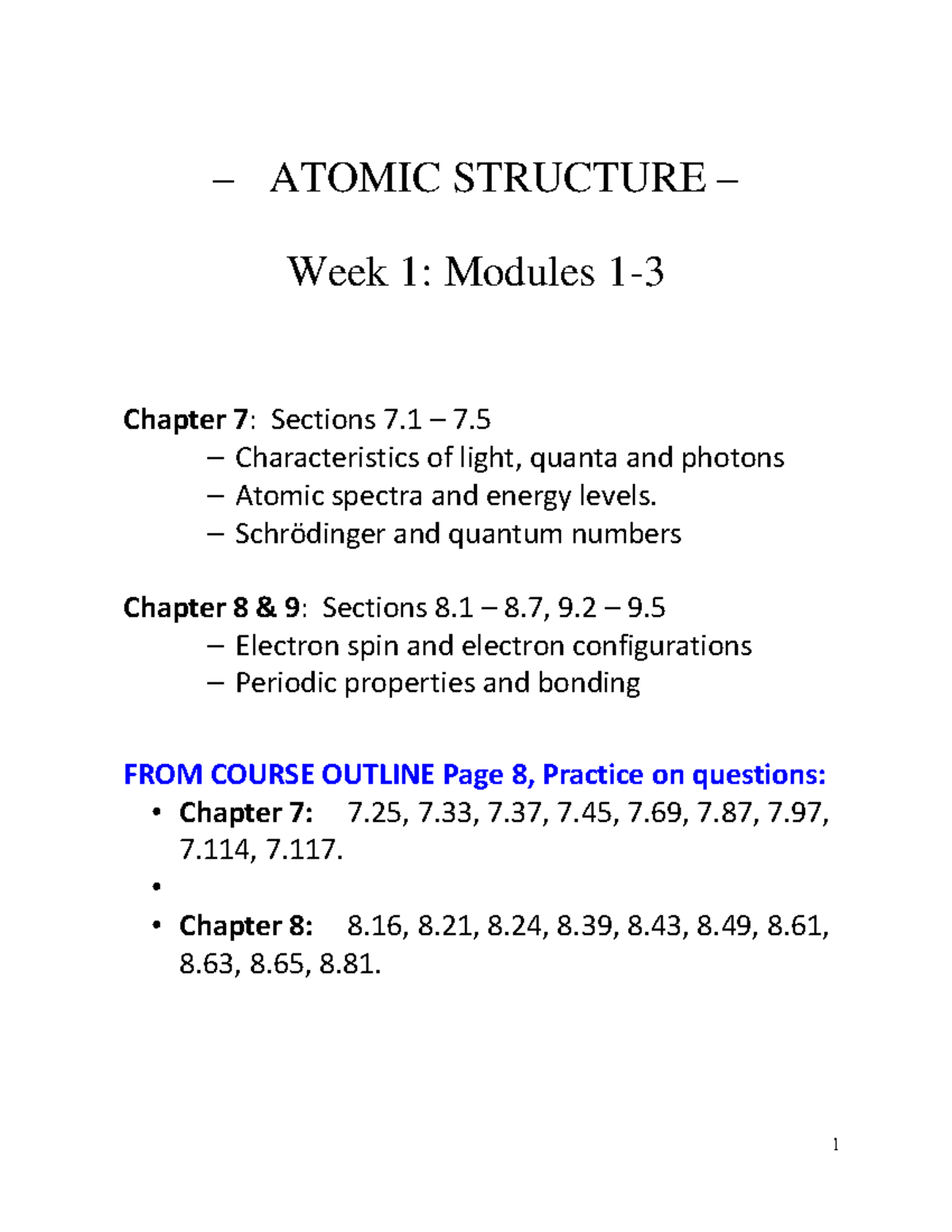 1. Atomic structure 2020 Modules 1-3 - – ATOMIC STRUCTURE – Week 1 ...