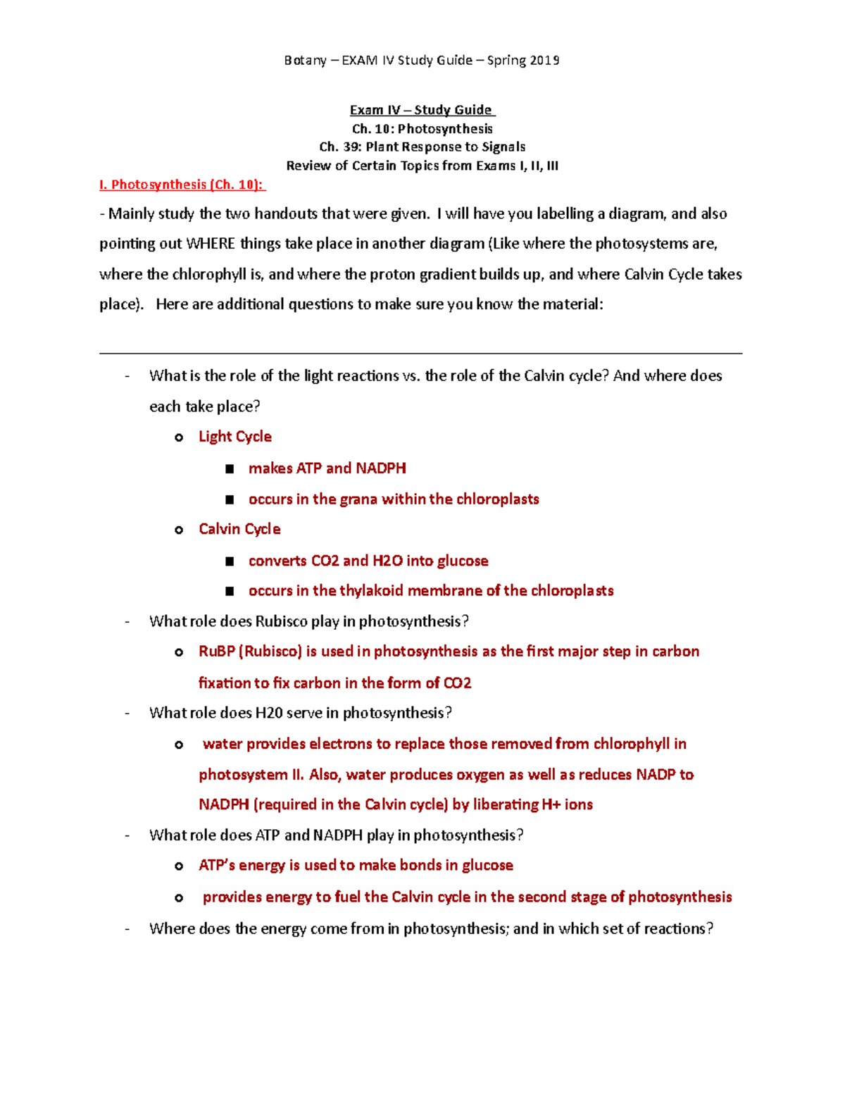 Botany Notes Exam IV - Exam IV – Study Guide Ch. 10: Photosynthesis Ch ...