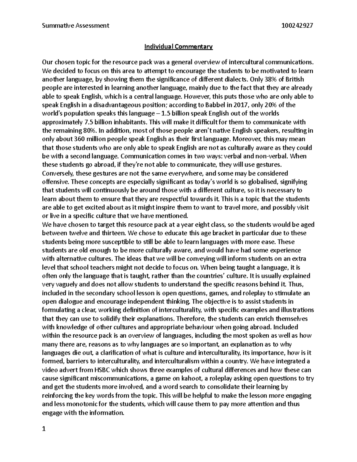Commentary - Notes - Summative Assessment 100242927 Individual ...
