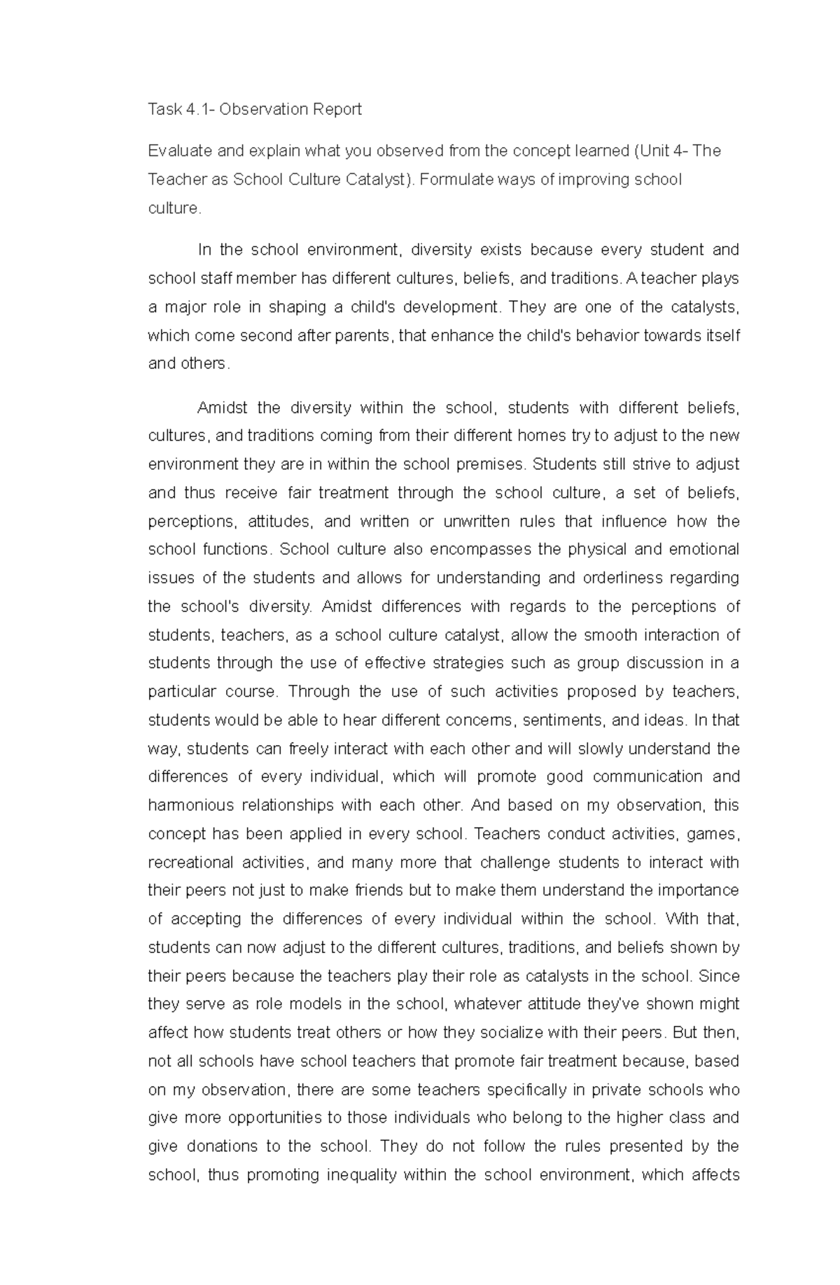 Teachers AS School Culture Catalyst - Task 4- Observation Report ...