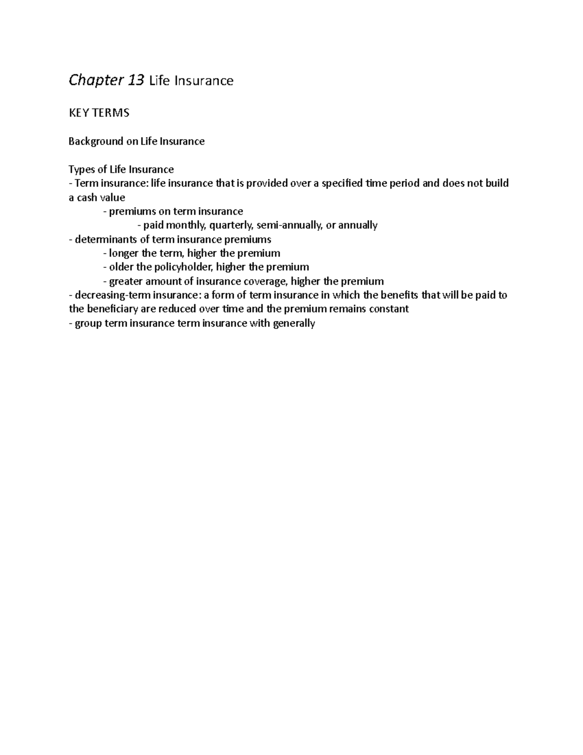 Chapter 13 Life Insurance - Chapter 13 Life Insurance KEY TERMS ...