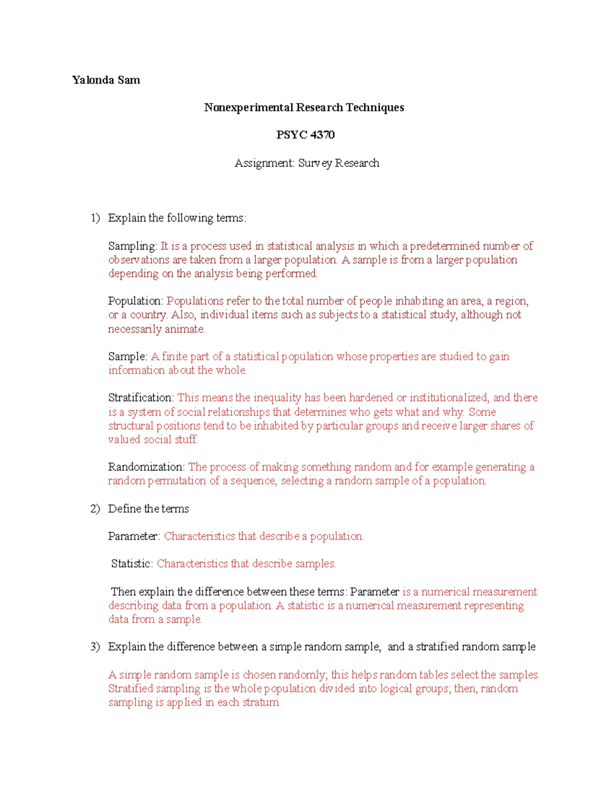 Assignment Survey Research - Yalonda Sam Nonexperimental Research ...