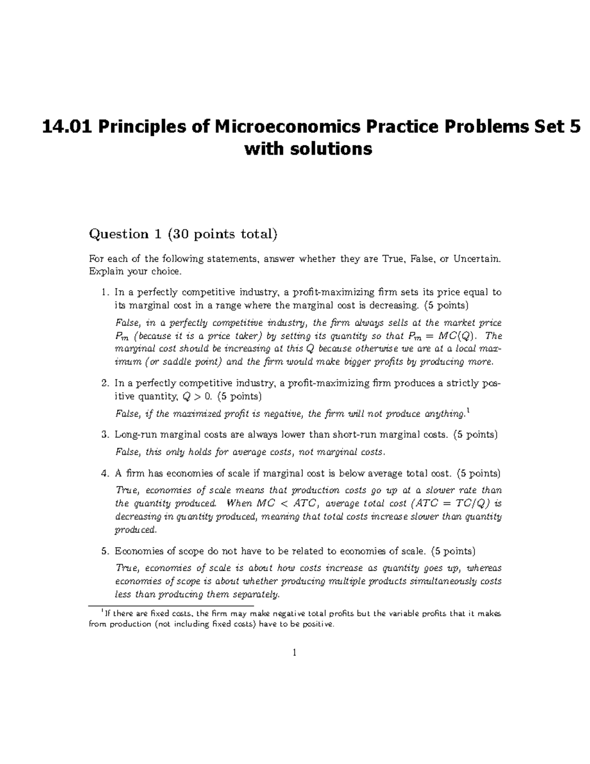 14.01 Principles of Microeconomics Practice Problems Set 5 with solutions - 14 Principles of ...