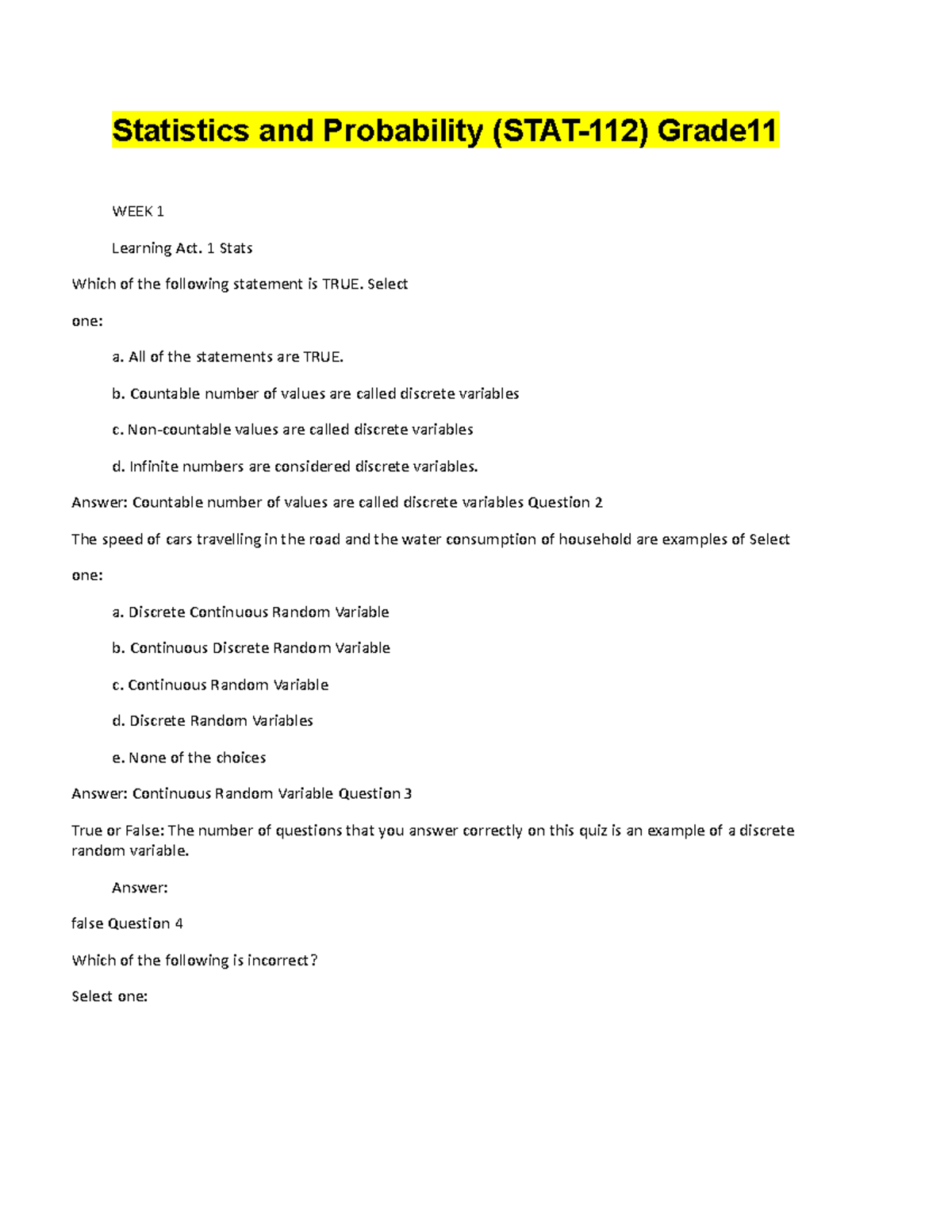 Stat 112 GR11 - oed - Statistics and Probability (STAT-112) Grade WEEK 1 Learning Act. 1 Stats ...