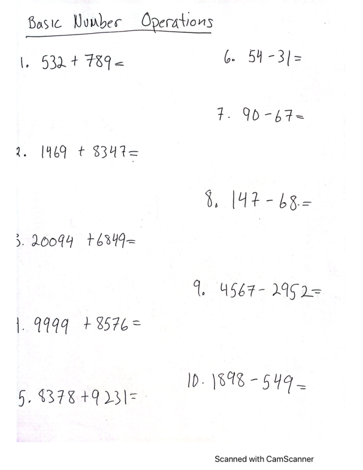 Handwritten Math Problems - Basic Number Operations 1. 532 789 6. 54 31 ...