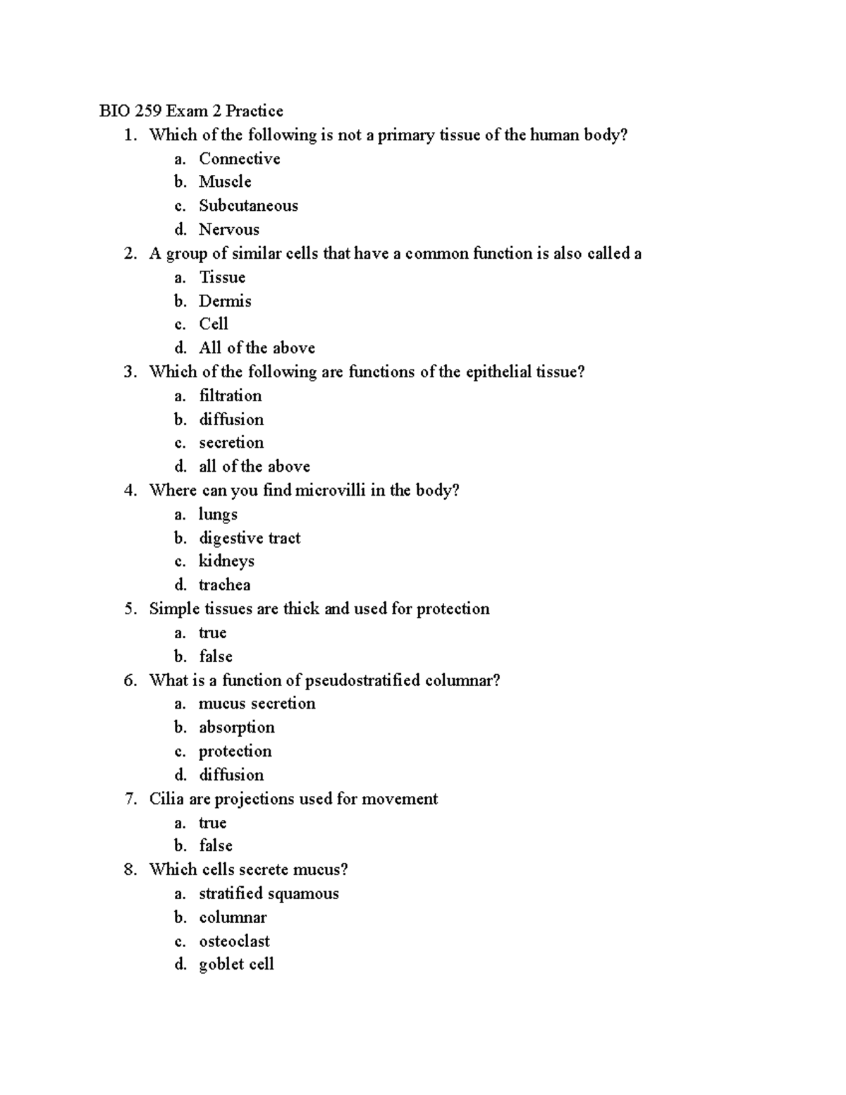 Exam 2 Practice BIO 259 - BIO 259 Exam 2 Practice 1. Which of the ...