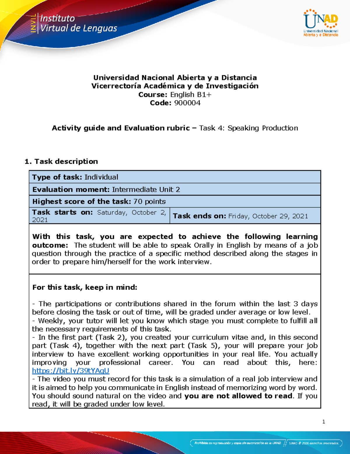 Activities guide and Evaluation rubric - Unit 2 -Task 4 - Speaking Production - Universidad ...