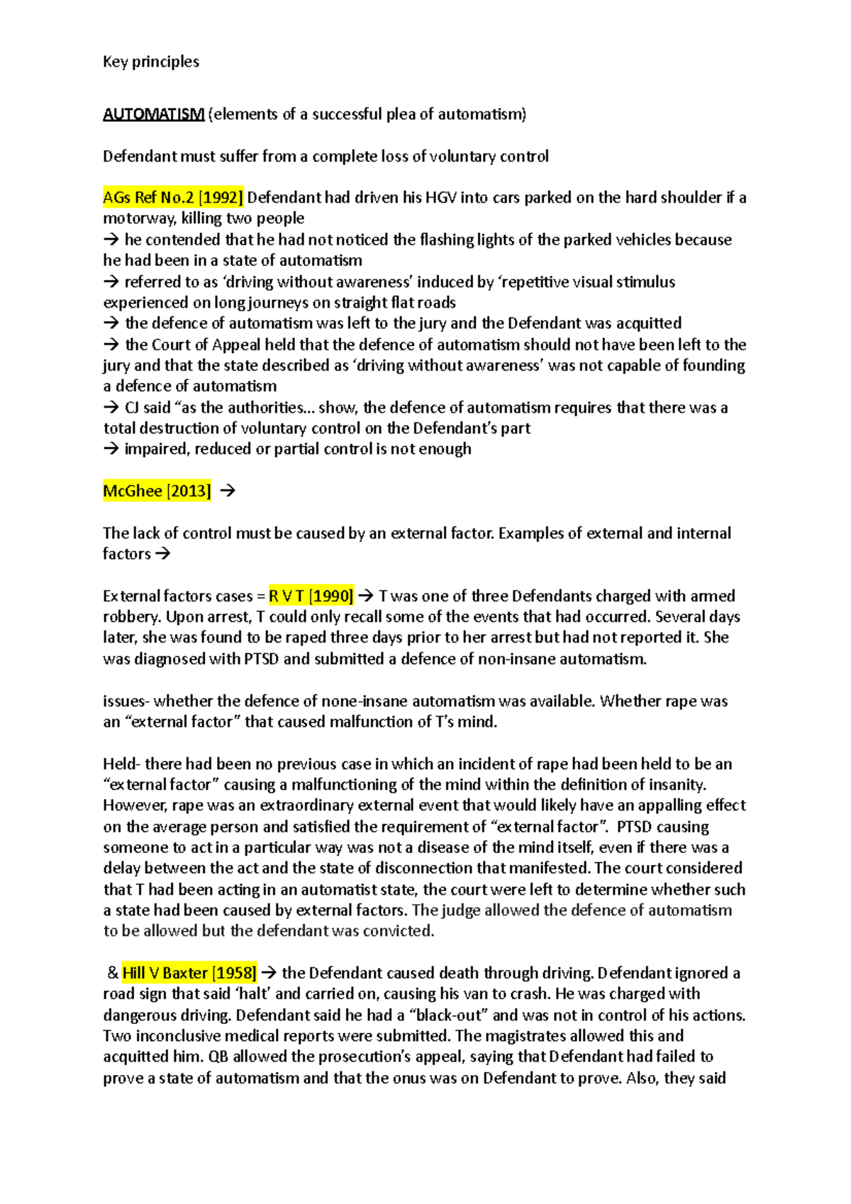 Key Principles of Automatism in Criminal Law - Studocu