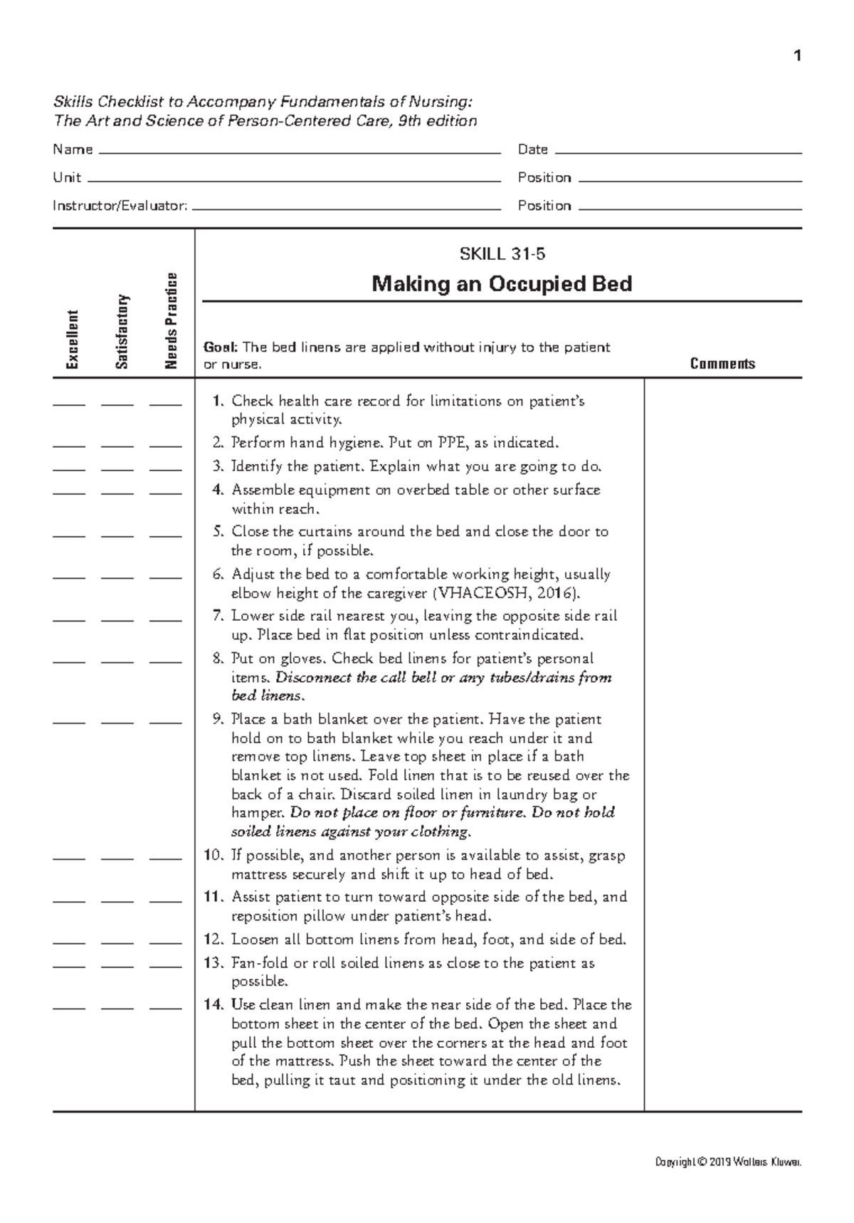 Ch 31 occupied bed 2 - Nursing skills checklist - 1 Skills Checklist to ...