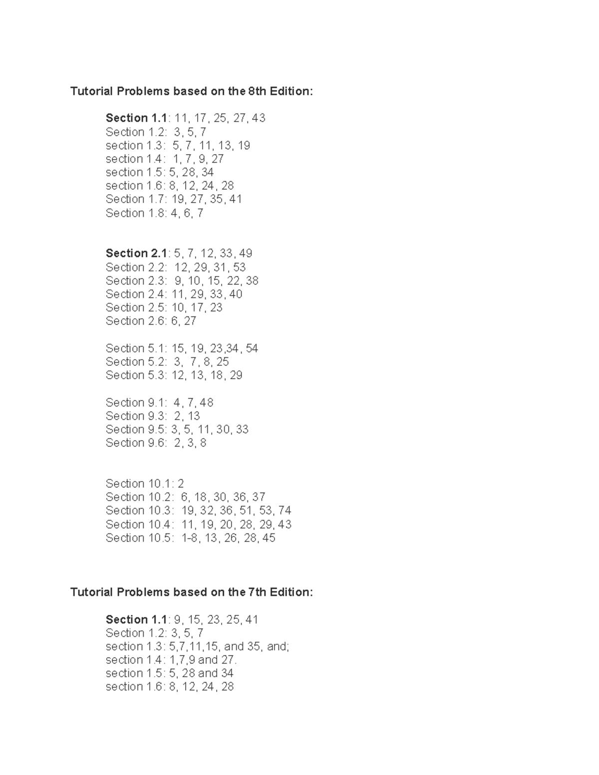 Tutorial Problems based on the 8th and 7th Edition - Tutorial Problems based on the 8th Edition ...
