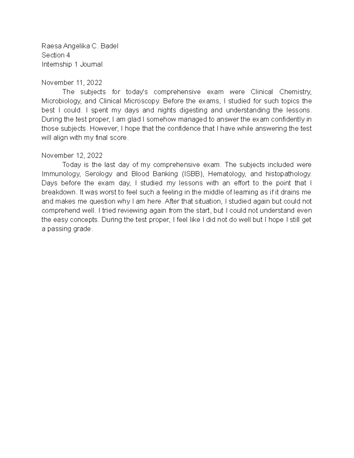 Internship Journal - Raesa Angelika C. Badel Section 4 Internship 1 ...